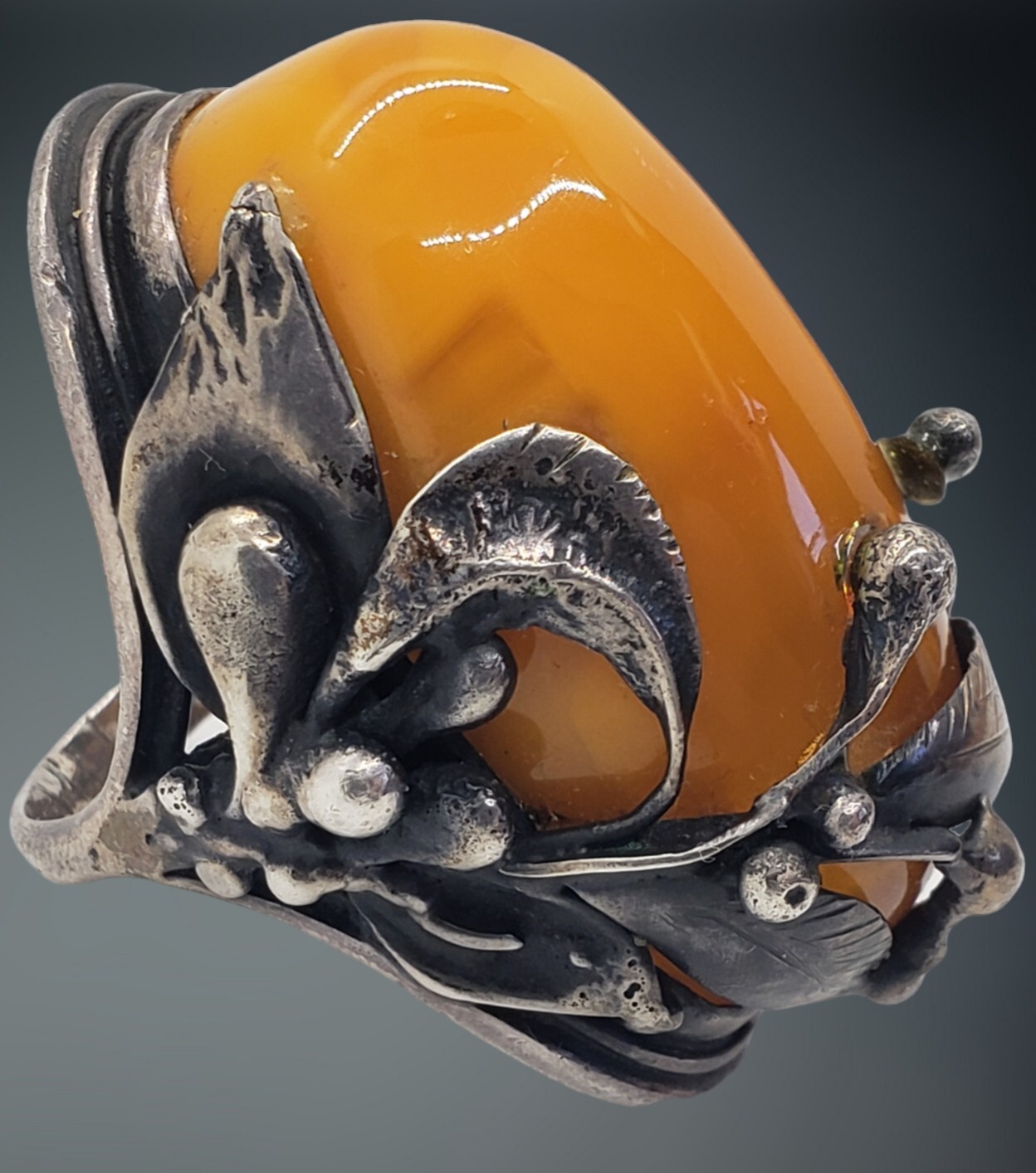 Huge 925 Sterling Silver Arts And Craft Baltic Amber Ring Butterscotch ...