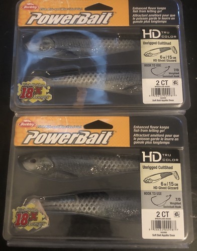 (2) Berkley PowerBait 6"Cull Shad Soft Swim Bait Fishing Lures HD Ghost ...