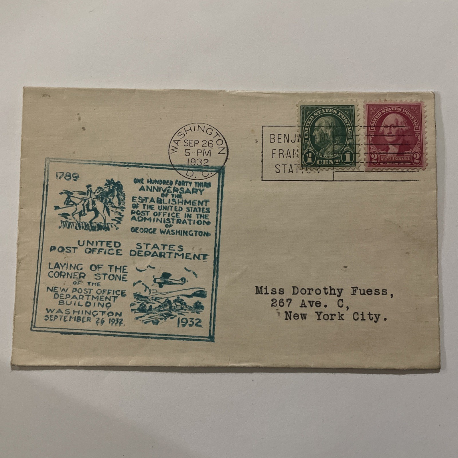 1932 143rd Anniversary Establishment Of U.S. Post Office Cover ...