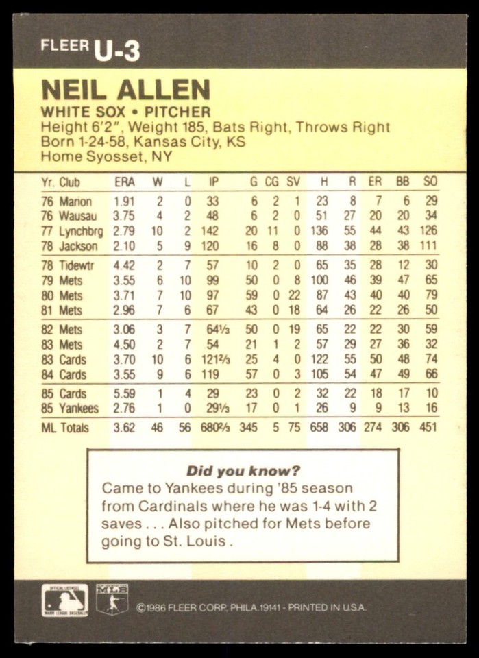 1986 Fleer Update Neil Allen Baseball Cards #U-3 | eBay