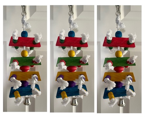 3-PACK Bird Chewing Toys Wood Blocks Rope Bell 15"- 17” Shreddable NEW ...