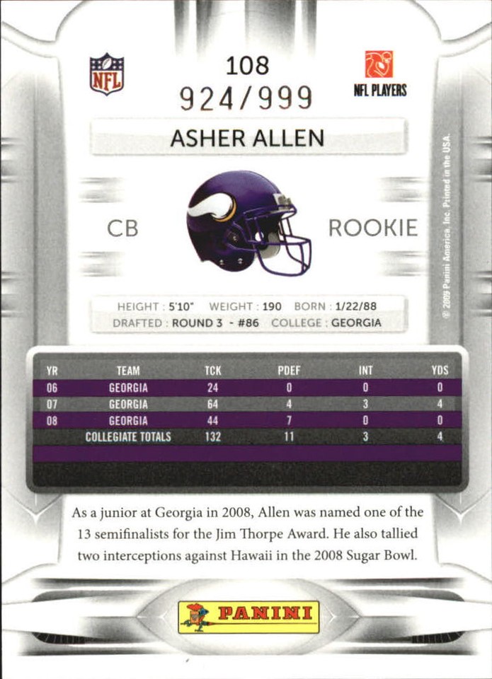 2009 Playoff Prestige Draft Picks Light Blue #108 Asher Allen /999 | eBay