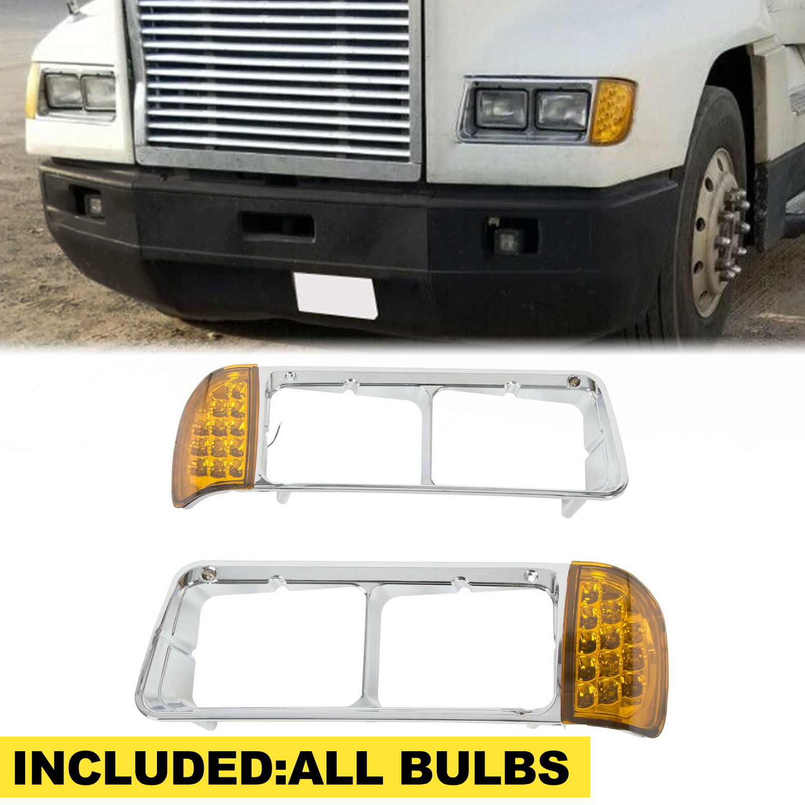 For Freightliner FLD120 Headlight Bezel Pair W/LED Turn Signal Light LH ...