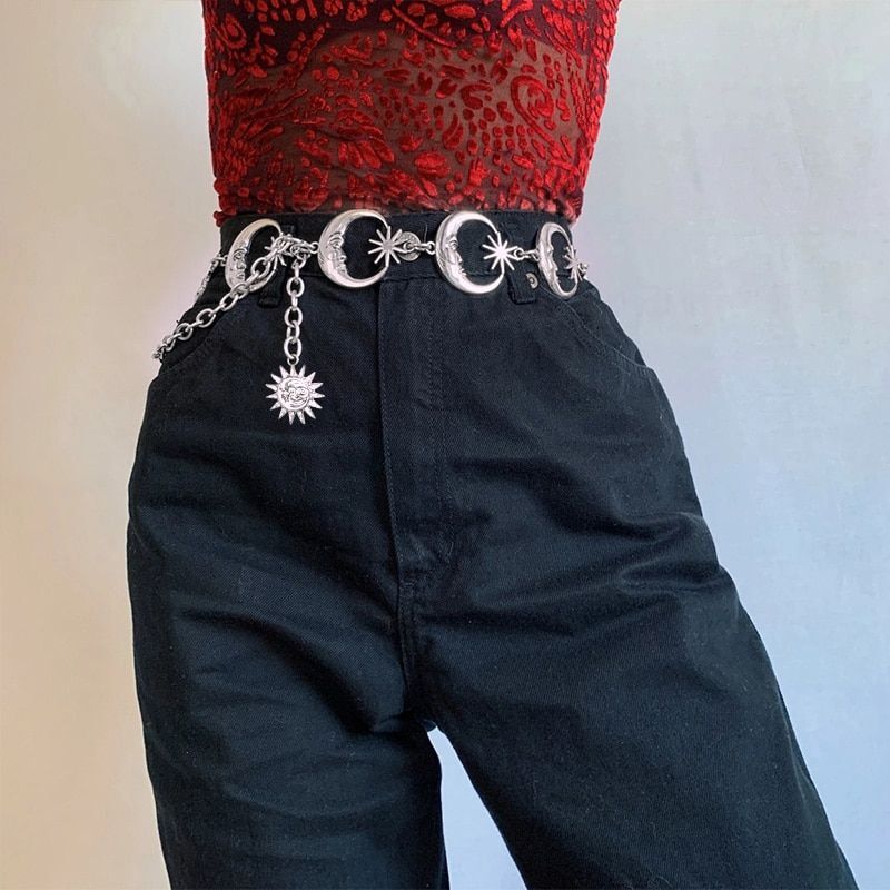 Punk Metal Sun Moon Belt Vintage High Waist Aesthetic Chain Belts Women ...