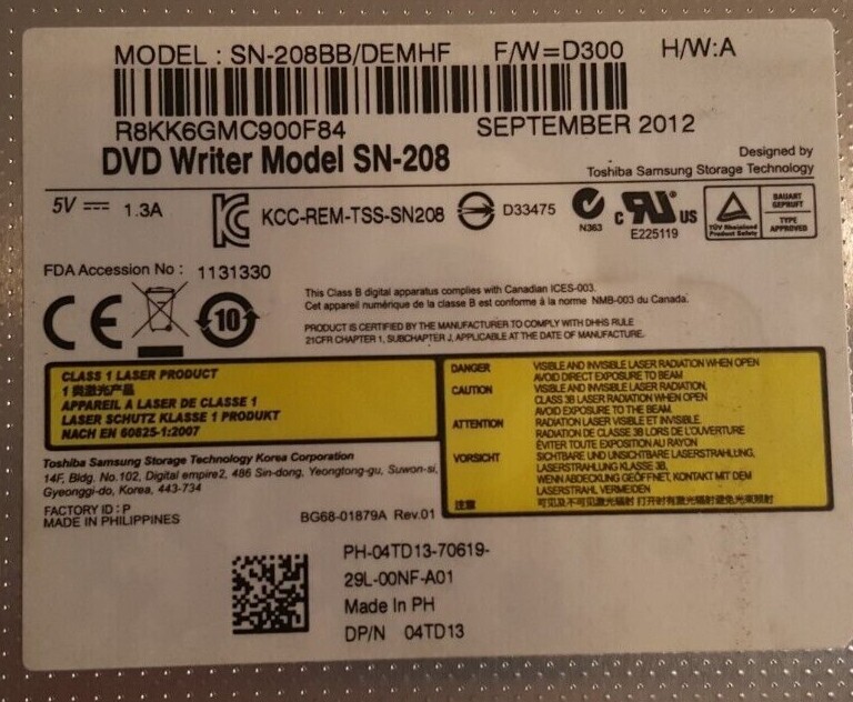 DVD WRITER Toshiba Samsung Storage Technology Model SN-208BB/DEMHF DP/N ...