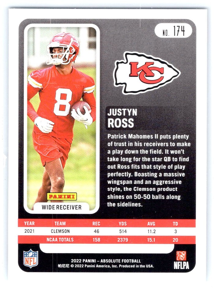 2022 Panini Absolute Football #174 Justyn Ross RC Green Kansas City ...