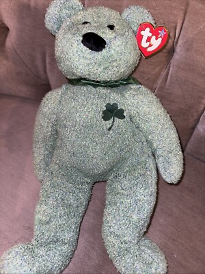 Large TY Beanie Buddy SHAMROCK The Bear Clover Green Stuff Toy Soft 18 ...