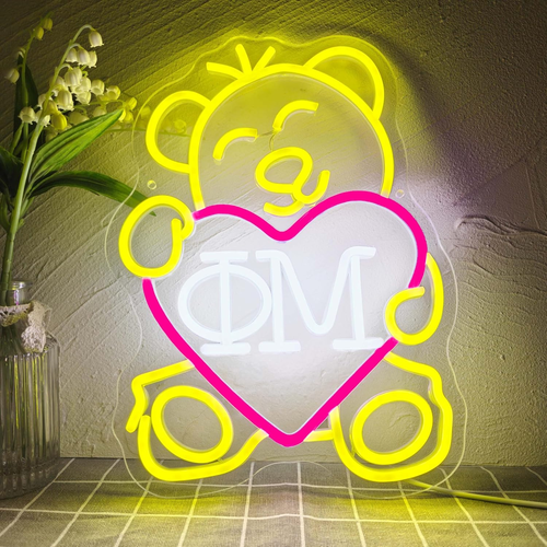 ΦM Sorority Teddy Bear Neon Signs,Dimmable Phi Mu LED Neon Lights for ...