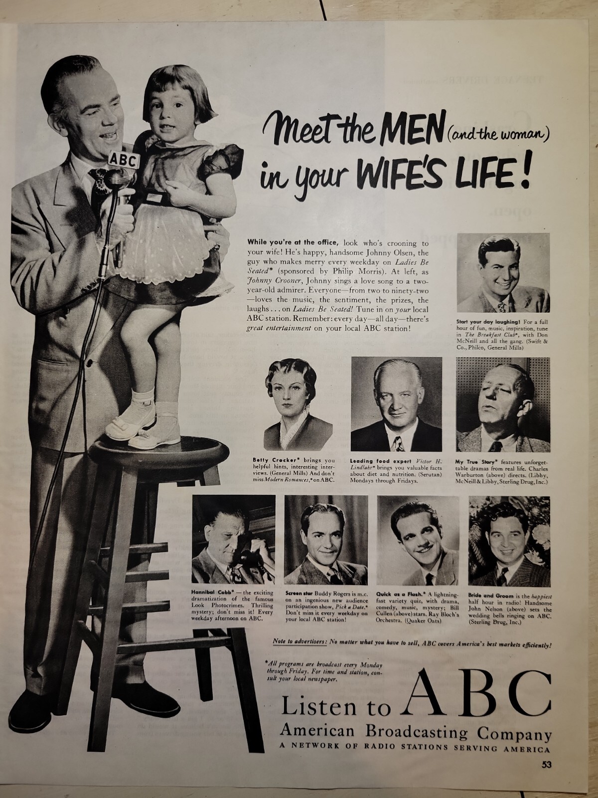 1950 ABC American Broadcasting Company Johnny Olsen vintage ad | eBay