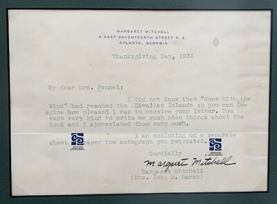 ‘GONE WITH THE WIND’ -- MARGARET MITCHELL SIGNED LETTER ON GWTW - 1936 ...