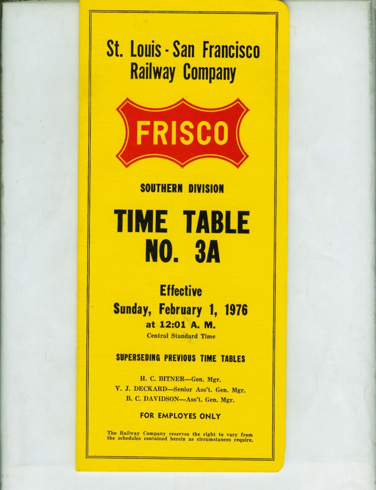 SL-SF (FRISCO) ETT TIMETABLE SOUTHERN DIVISION #3A 2-1-1976 20 PAGES ...