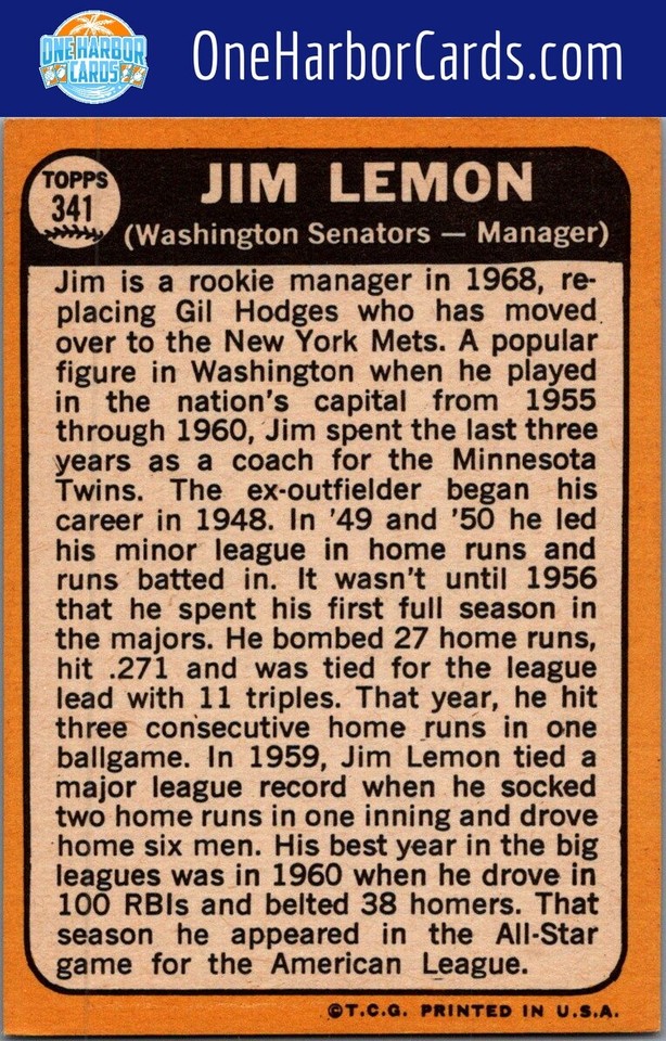 1968 Topps Washington Senators #341 Jim Lemon | eBay