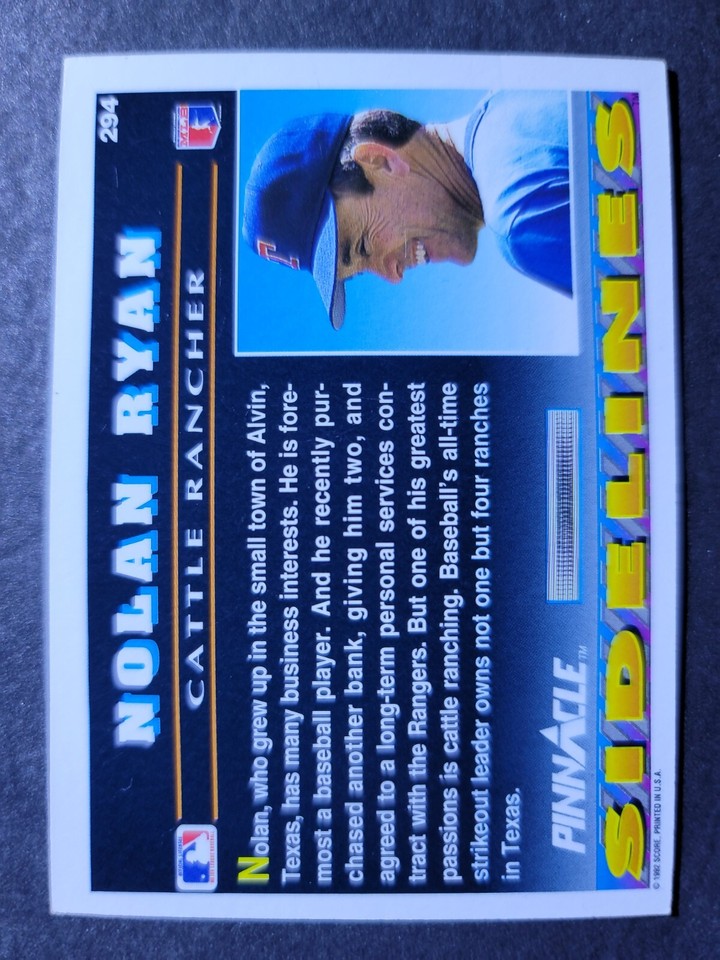 Nolan Ryan 1992 Score Pinnacle Sidelines #294 Texas Rangers HOF Cattle ...