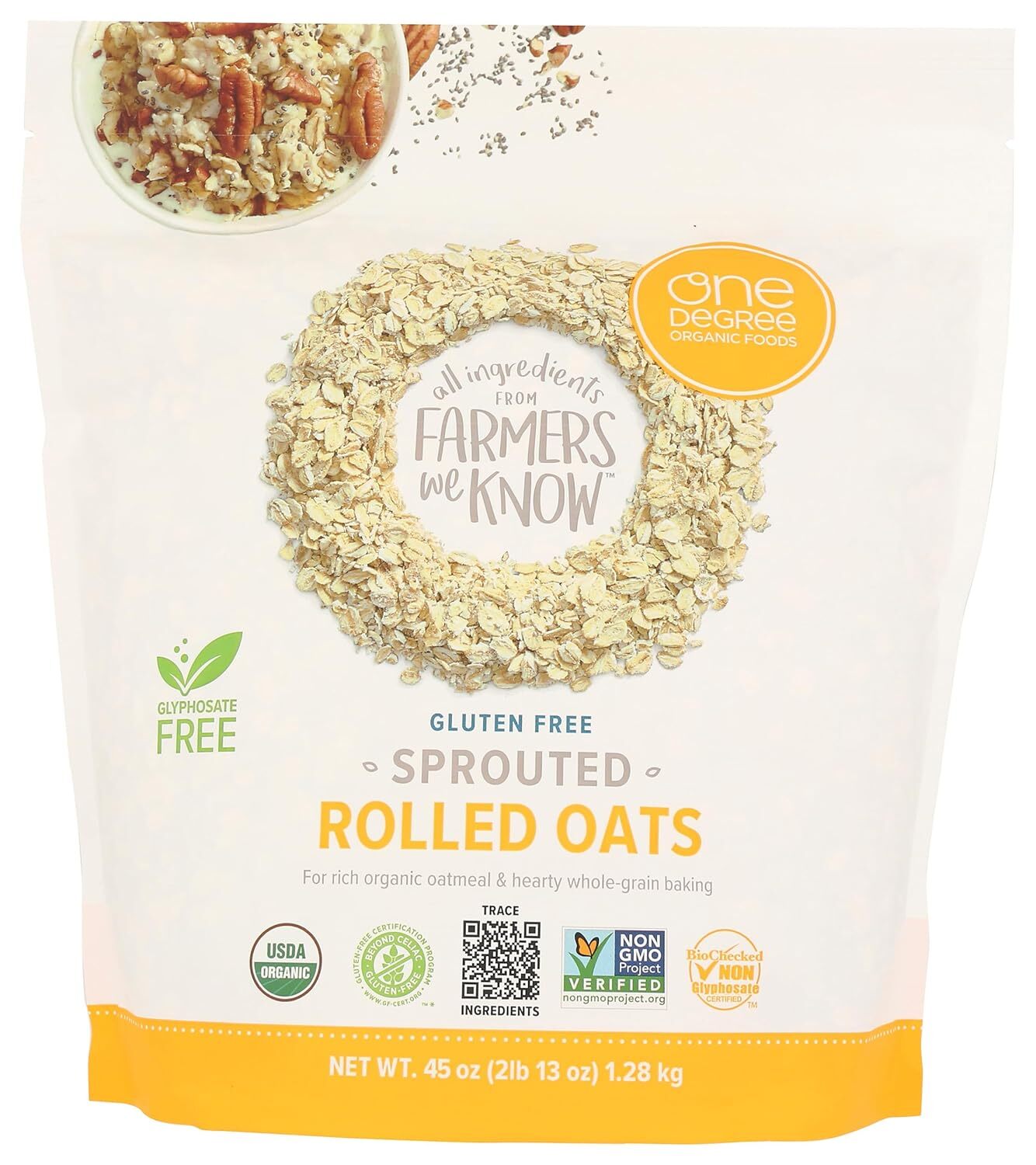 ONE DEGREE ORGANIC FOODS Organic Sprouted Rolled Oats, 45 Ounce (Pack ...