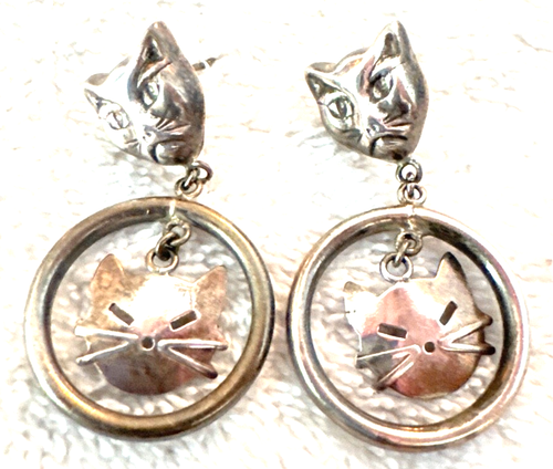 Vtg STERLING SILVER dangle Cat Earrings PRETTY KITTY MEOW MEOW Siamese ...