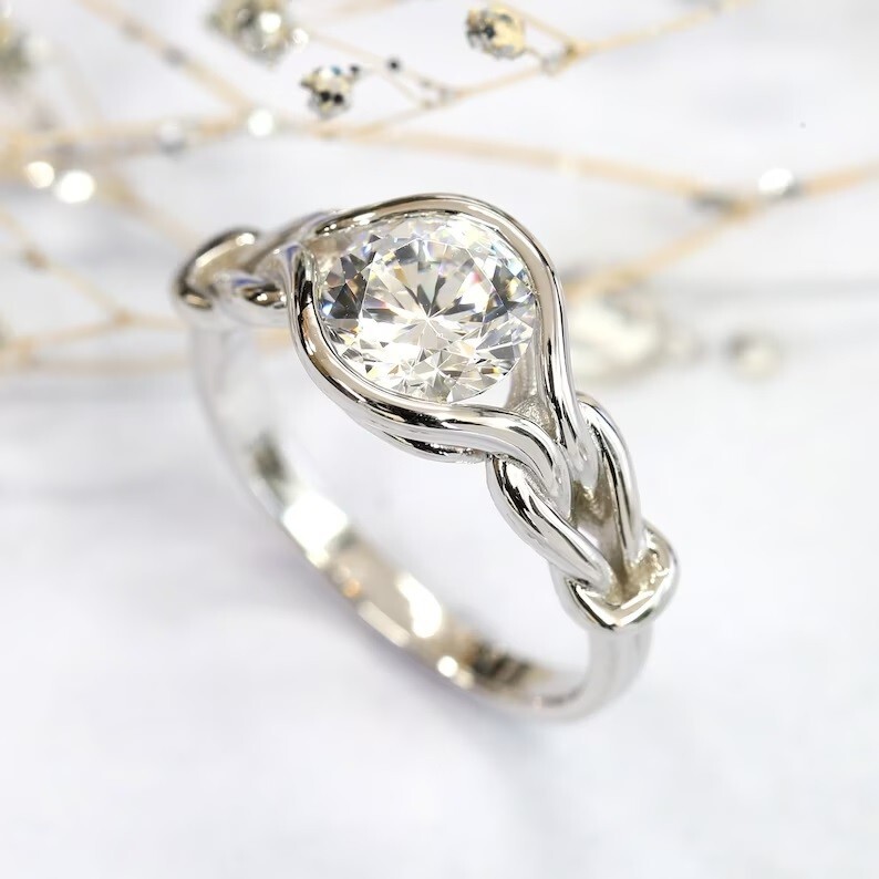 Shiny White Round Natural Moissanite Knot Design Ring In Real 10K White ...