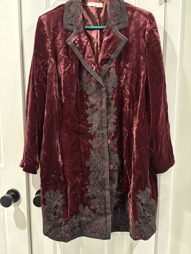 Elie Tahari Velvet Duster Coat Burgundy Red Size 1x Plus Embroidered | eBay