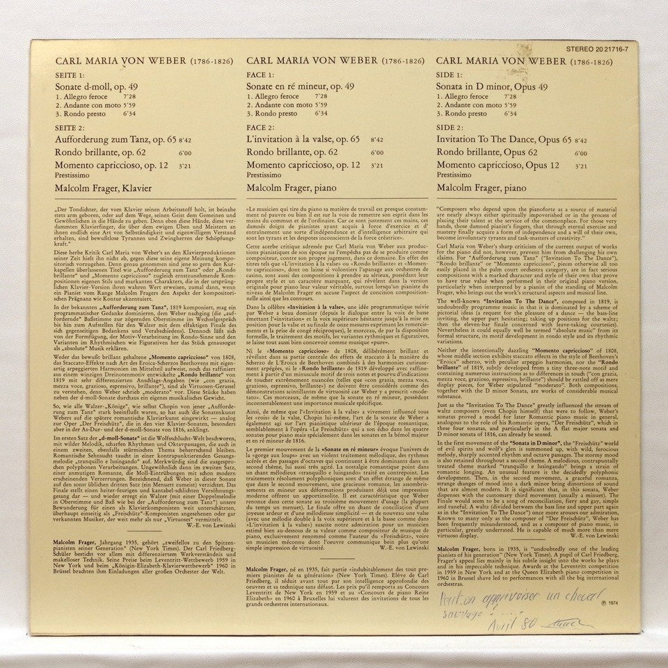 MALCOLM FRAGER - WEBER rondo brillante, momento capriccioso, sonata ...