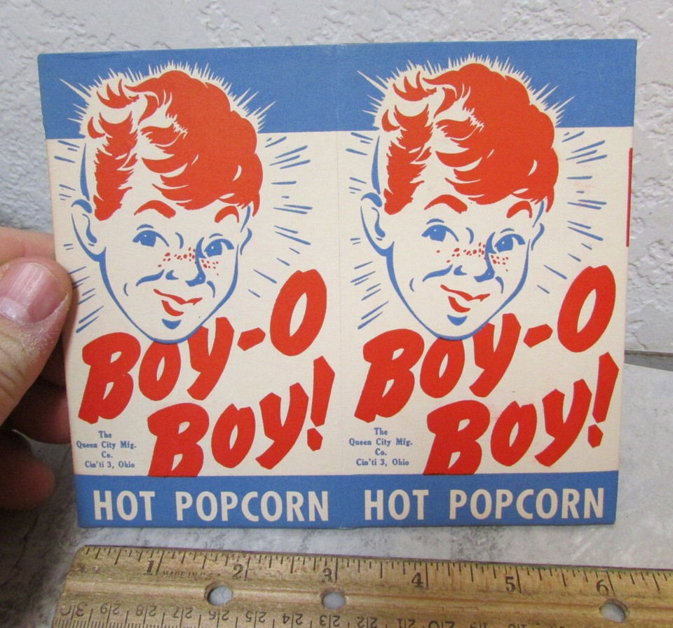 Vintage 1950s Boy-o-Boy Hot Popcorn new old stock popcorn box Queen ...