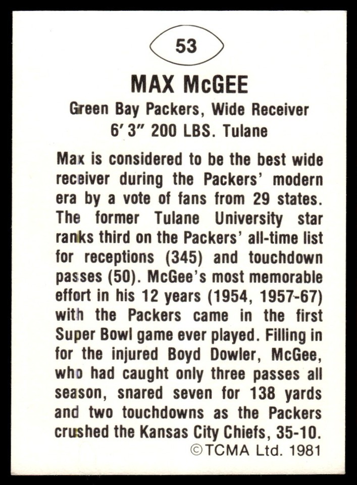 1981 TCMA GREATS MAX MCGEE GREEN BAY PACKERS #53 | eBay