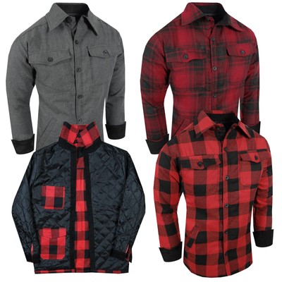 Men Plaid Flannel Shirt Jacket Fully Quilted 4 Pocket Button Inside ...