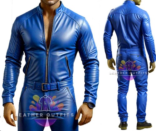 MEN'S GENUINE SOFT LEATHER BLUE JUMPSUIT CATSUIT FRONT ZIPPER OVERALL ...