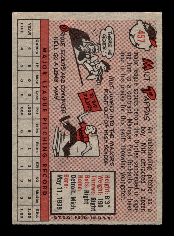 1958 Topps Baseball #457 Milt Pappas RC Very Good Baltimore Orioles | eBay