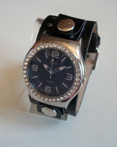 BLUE DIAL BLACK SILVER BIKER STYLE LEATHER BAND MEN'S FASHION CASUAL ...