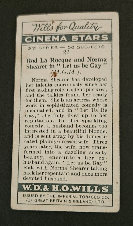 1931 Wills Cigarettes Cinema Stars Rod La Rocque-Norma Shearer In Let ...