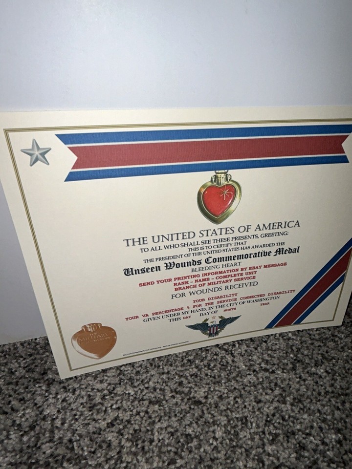 UNSEEN WOUNDS MEDAL - BLEEDING HEART COMMEMORATIVE CERTIFICATE~W ...