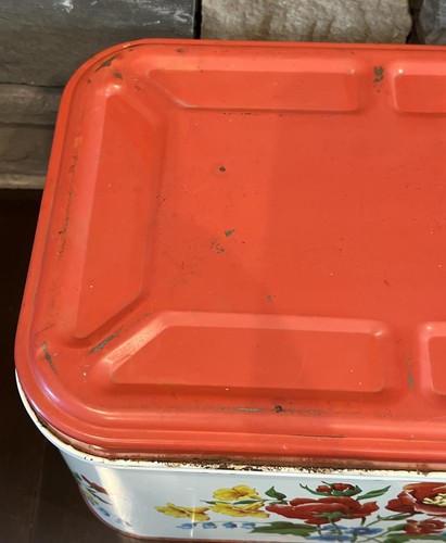 Vintage Metal Tin Bread Box Red & White Floral Flowers Country Cottage ...