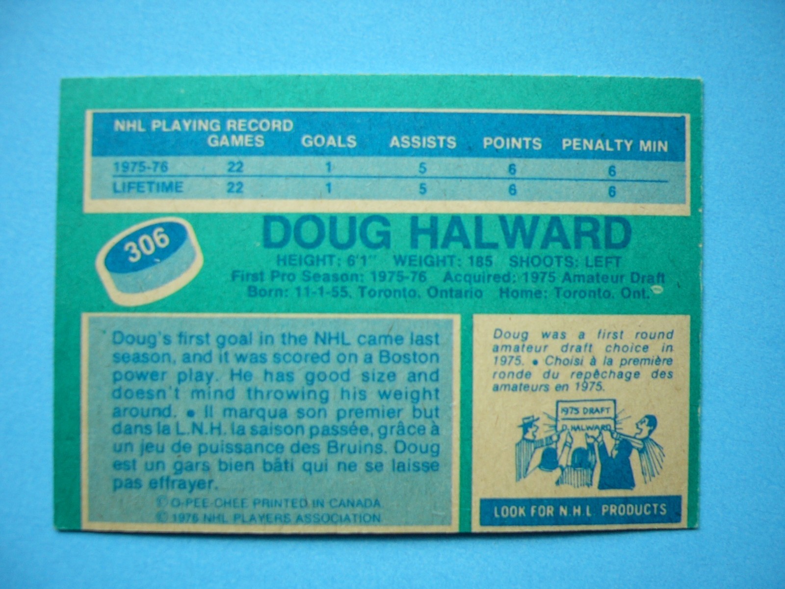 1976/77 O-PEE-CHEE NHL HOCKEY CARD #306 DOUG HALWARD ROOKIE EX/NM NM ...