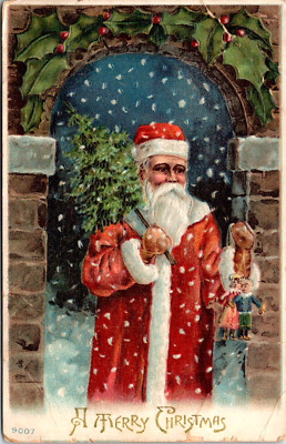 Embossed A Merry Christmas Santa Arch Way Holly Toys in Hand Snowing ...