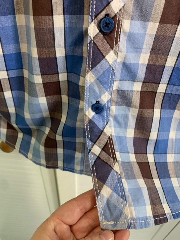 Red Cliff Short Sleeve Men's Blue Brown White Checked Button Up Shirt ...