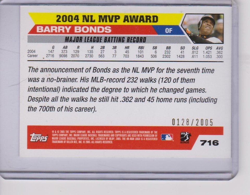 2005 Topps 2004 National League MVP Barry Bonds 128/2005 716 | eBay