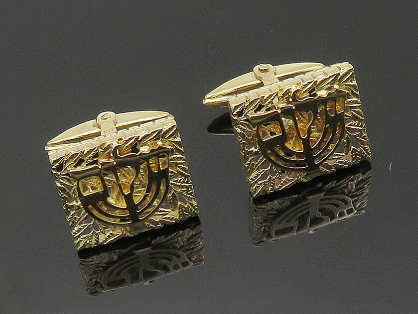 14K GOLD - Vintage Shiny Shalom Hebrew Square Cufflin… - Gem