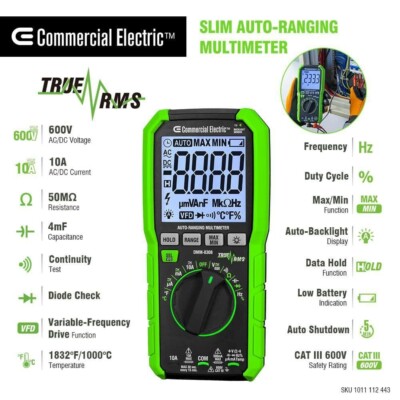 Commercial Electric 600-Volt True RMS Auto-ranging Digital Multimeter ...