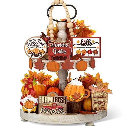Set of 13 Fall Tiered Tray Decor Decorations Harvest Wood Blocks Signs ...