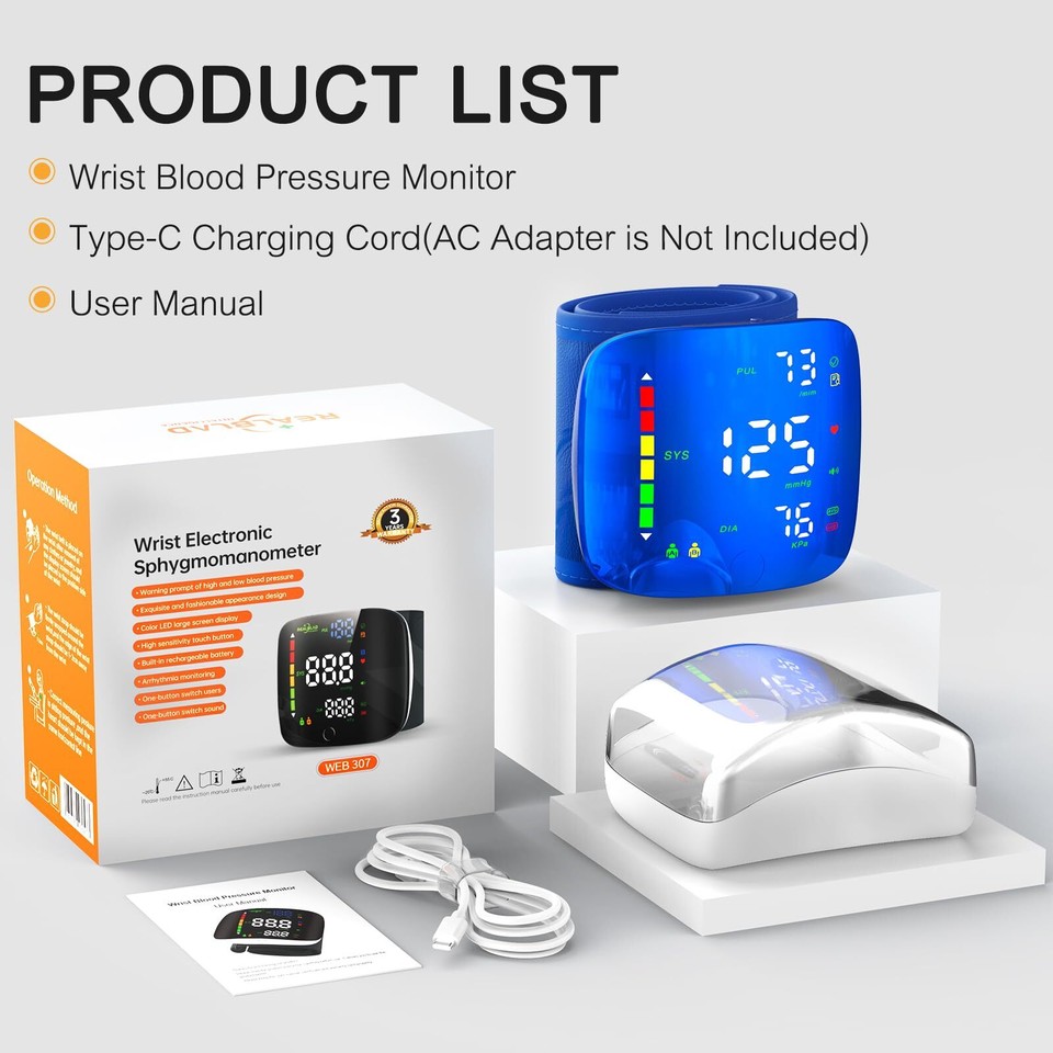 NEW LED Wrist Blood Pressure Monitor Rechargeable Broadcast Heart Rate ...