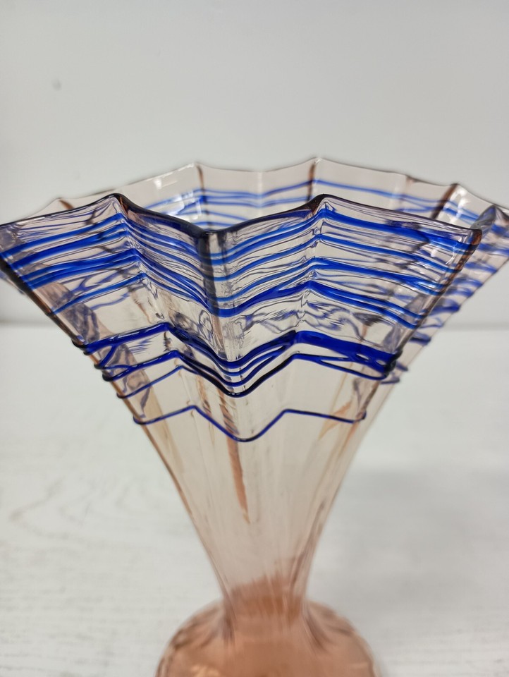 VTG Bohemian Hand Blown Art Glass Vase Pink Blue Flare Rim MCM ...