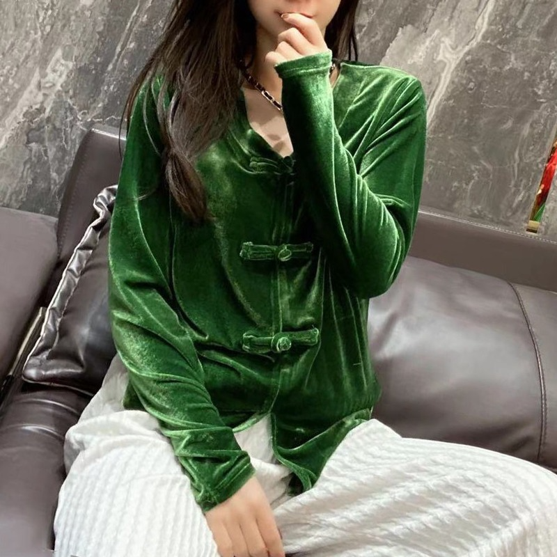 Women Velvet Shirt Chinese Frog Button Blouse V-neck Top Ethnic Blouse ...