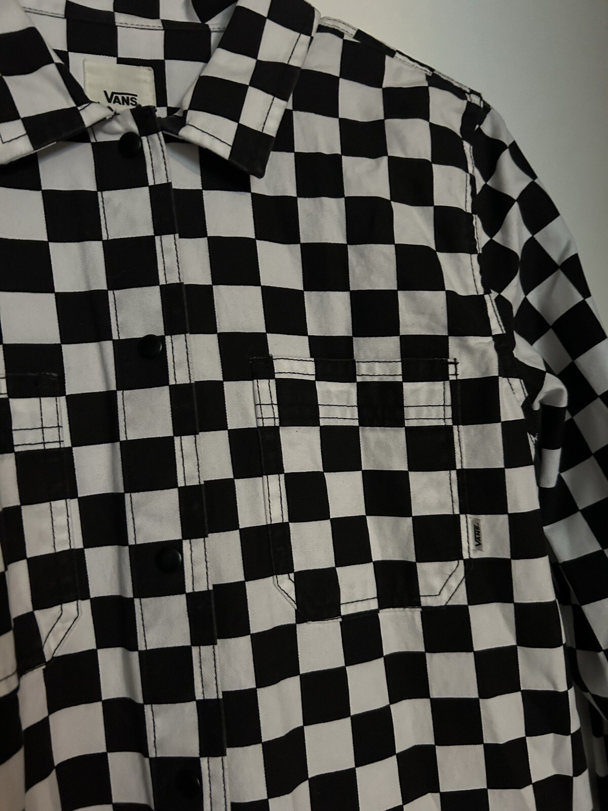 VANS Black & White Checkered Long Sleeve Collared But… - Gem