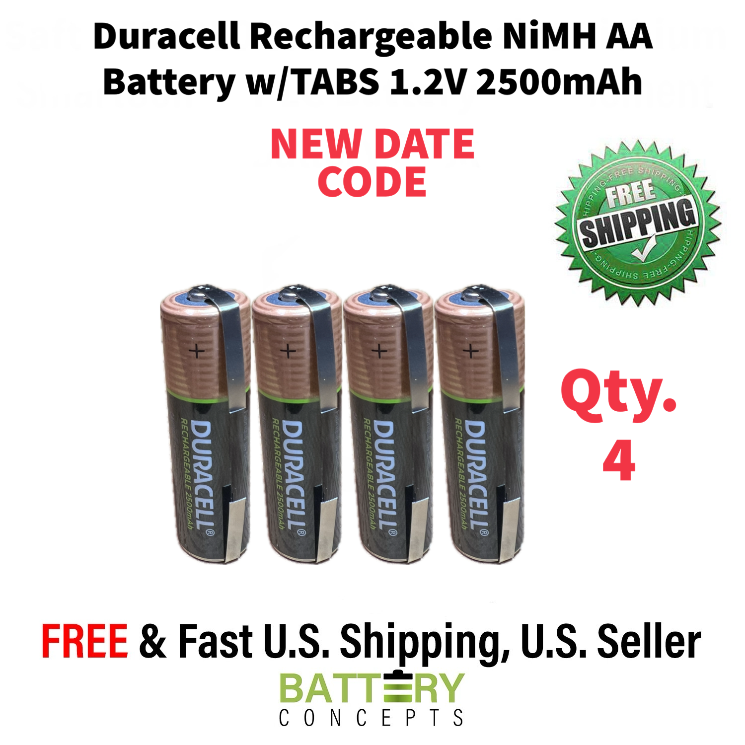 DURACELL AA NIMH Rechargeable w/TABS 4PK 1.2V 2500mAh NEW DATE CODE Exp ...