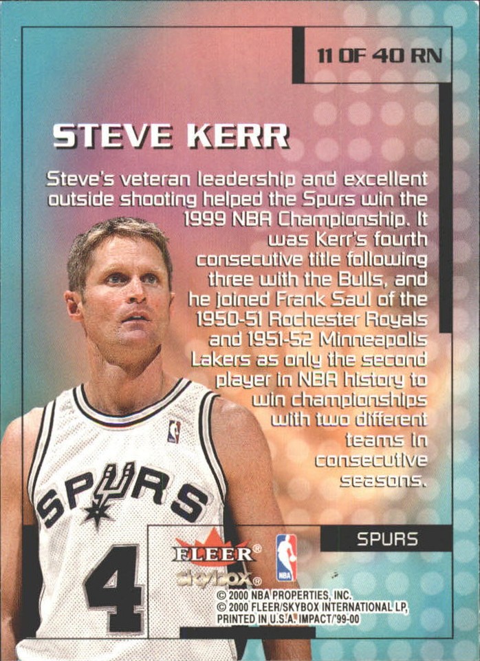 1999-00 SkyBox Impact Rewind '99 Spurs Basketball Card #RN11 Steve Kerr ...