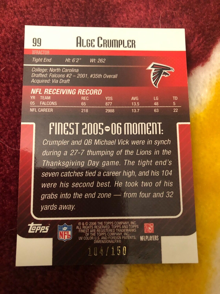 2006 Finest Blue Xfractor Alge Crumpler UNC Atlanta Falcons 104/150 | eBay