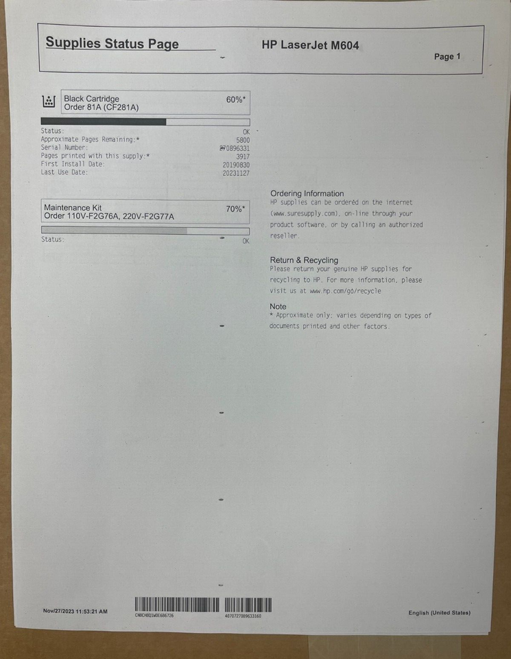 HP LaserJet Enterprise M604 Laser Printer E6B67A W/Toner Low page count ...