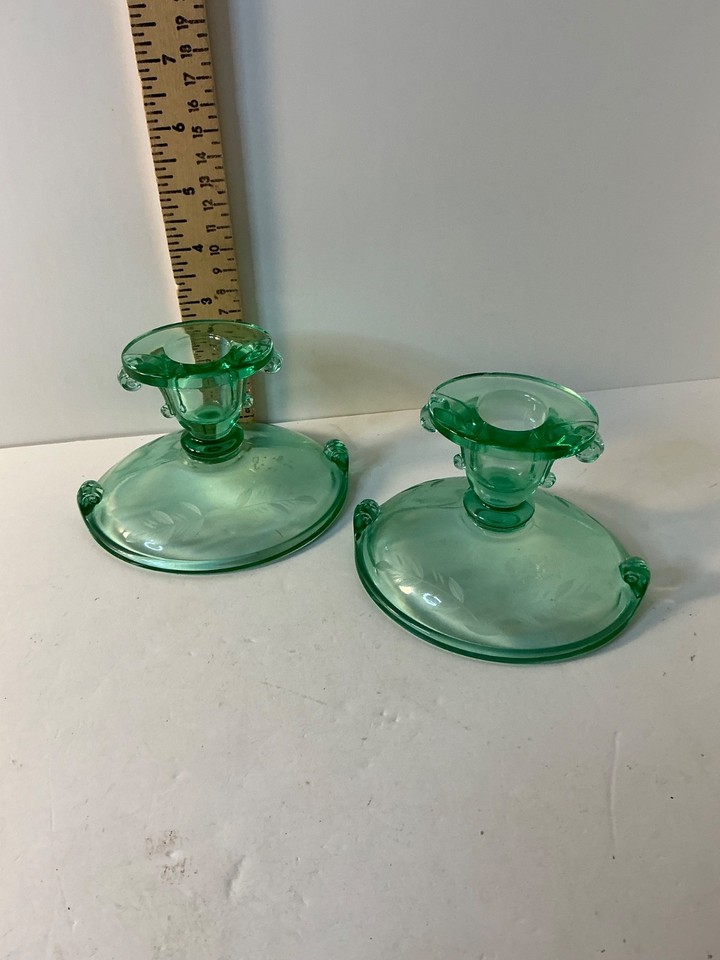 Etched fern base pattern green depression glass candle holders GLOWS | eBay
