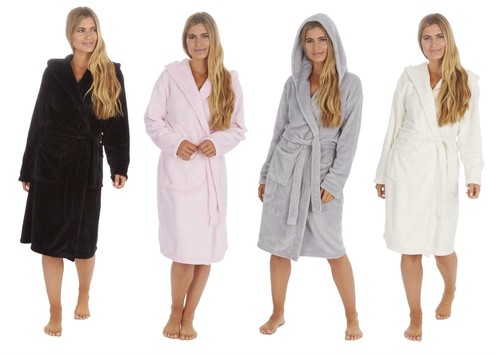 Ladies / Womens Hooded Fleece Dressing Gown / Robe - Plain Black Grey ...