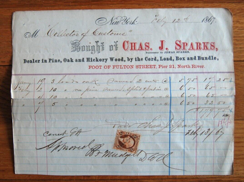 1867 Chas. Sparks Wood Lumber New York paid Bill of Lading / Invoice ...