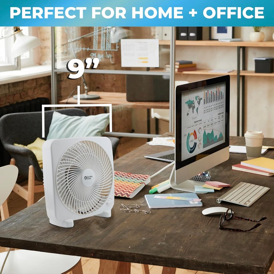 Comfort Zone Box Fan, 9 inch, Portable, Electric Quiet, 3 Speed, Small ...